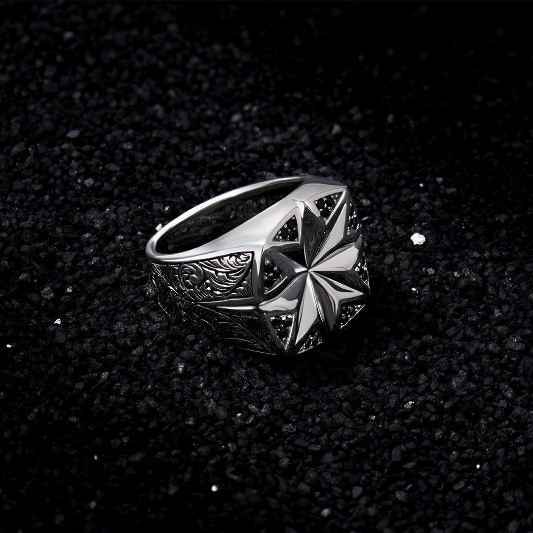 Solid Gold Black Diamond Classic North Star Signet Ring - Atolyestone