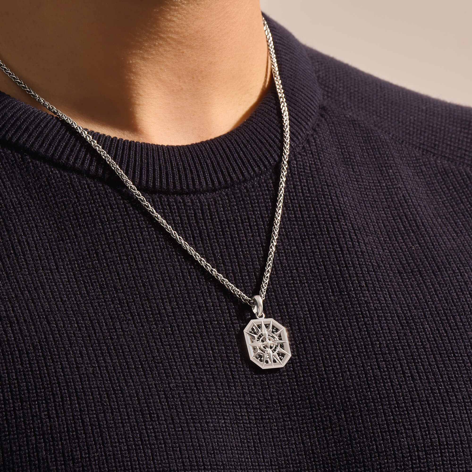 Men's Octagon Compass Pendant in 925 Sterling Silver - Atolyestone