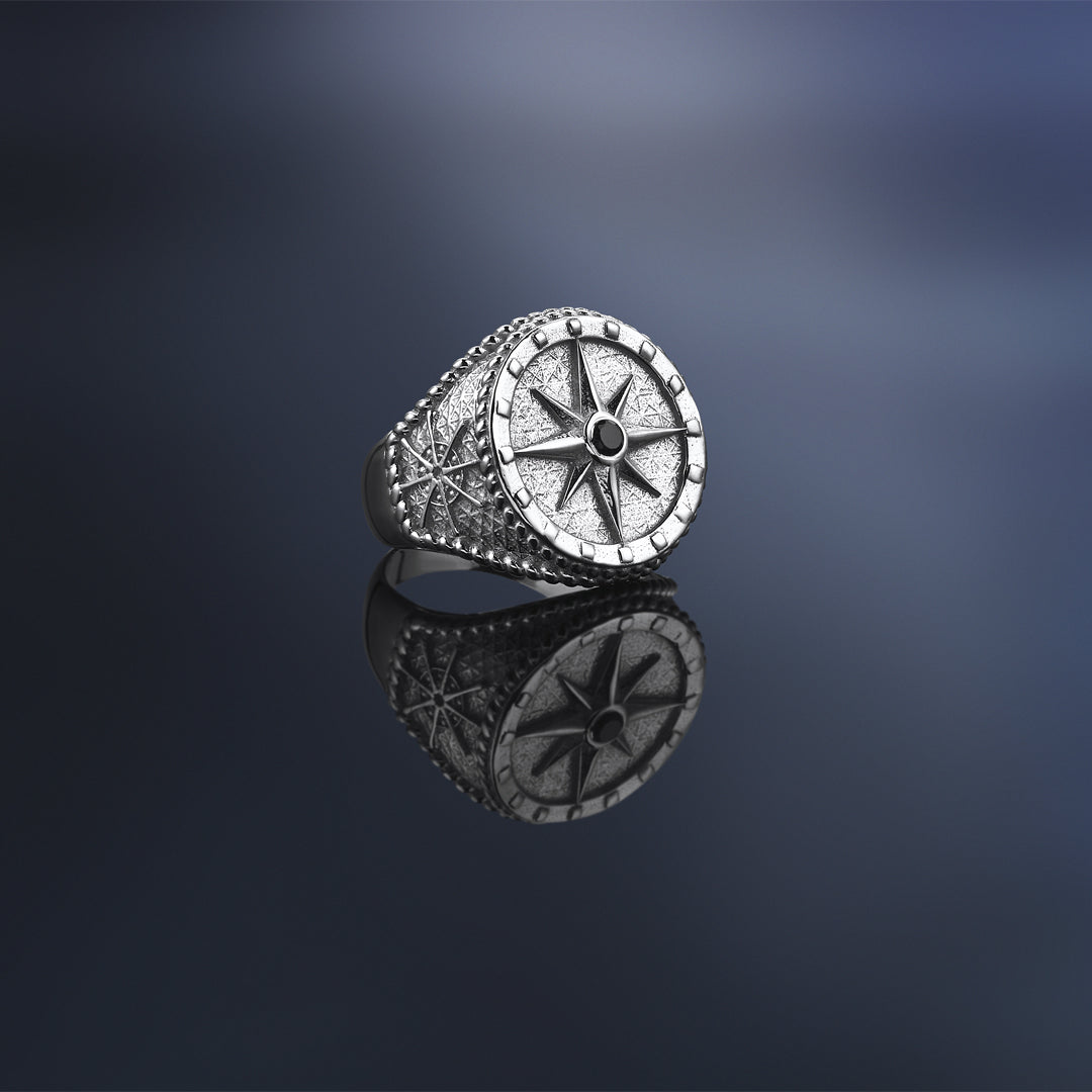 Men's 925 Sterling Silver Compass Ring - Atolyestone