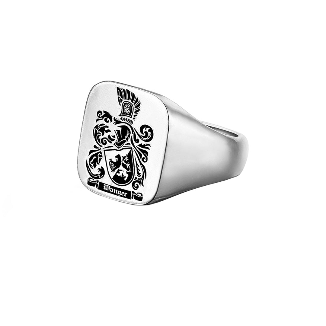 Men's Silver Family Crest Signet Ring Square - Atolyestone