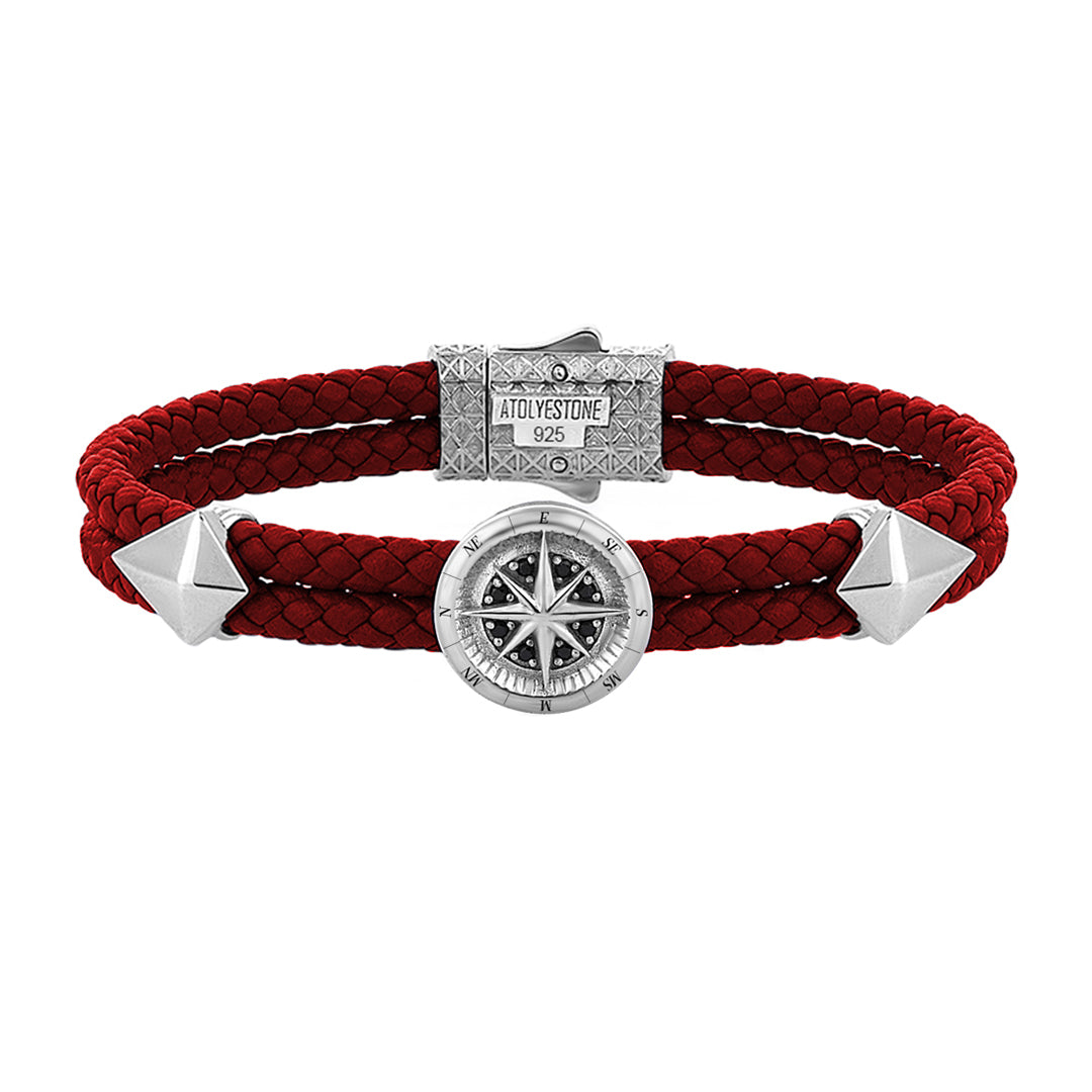 Men's Compass Leather Bracelet in Solid Silver - Atolyestone