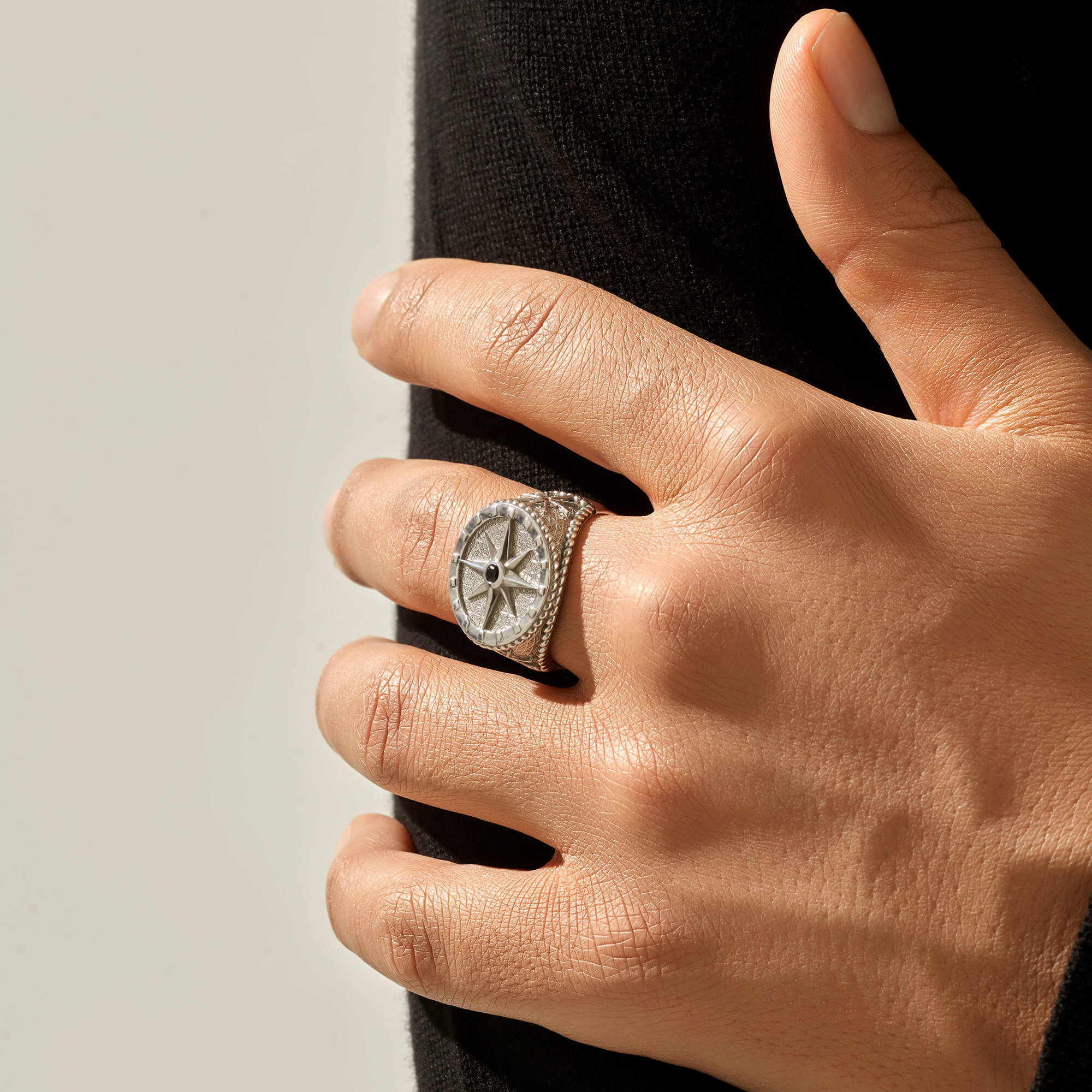 Men's 925 Sterling Silver Compass Ring - Atolyestone