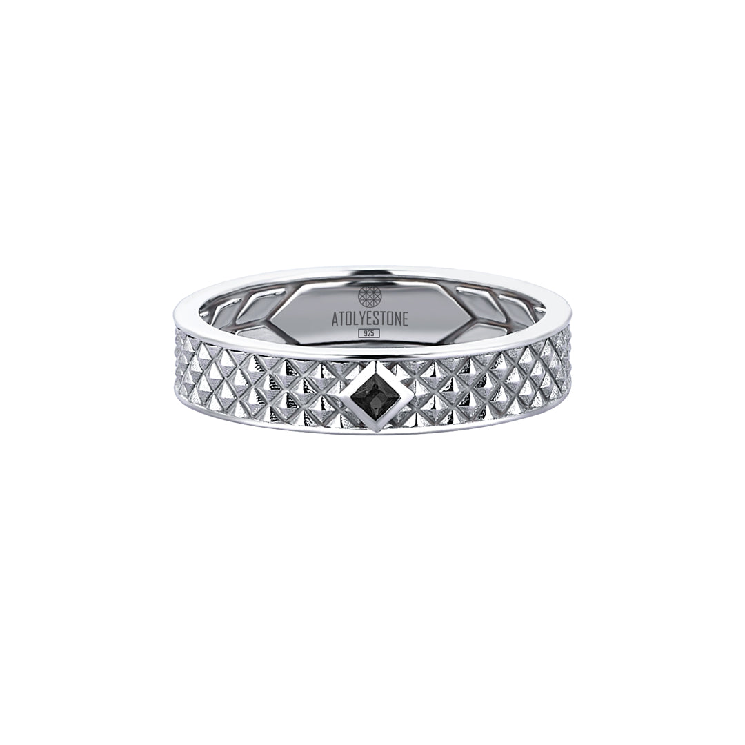 Men's Colored Diamond Paved Silver Band Ring with Pyramid Design