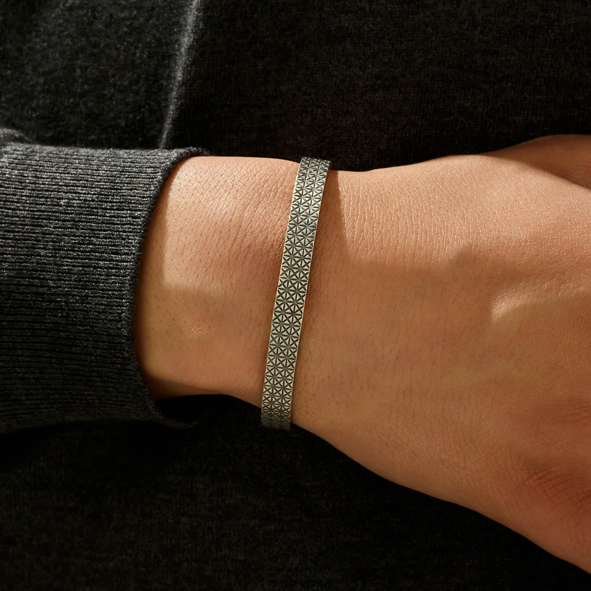 Men's Silver Cuff Bracelet with Carved Signature - Atolyestone